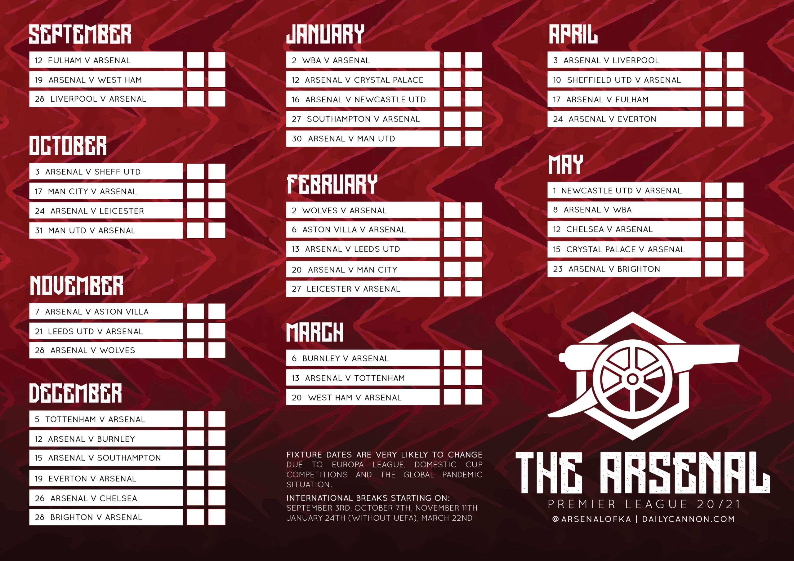 Free Arsenal Premier League 20/21 Fixtures Printables