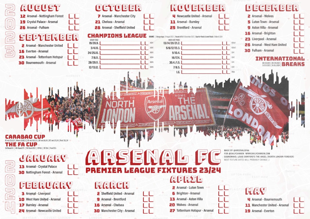 Download Arsenal fixtures wallchart for 23/24 season