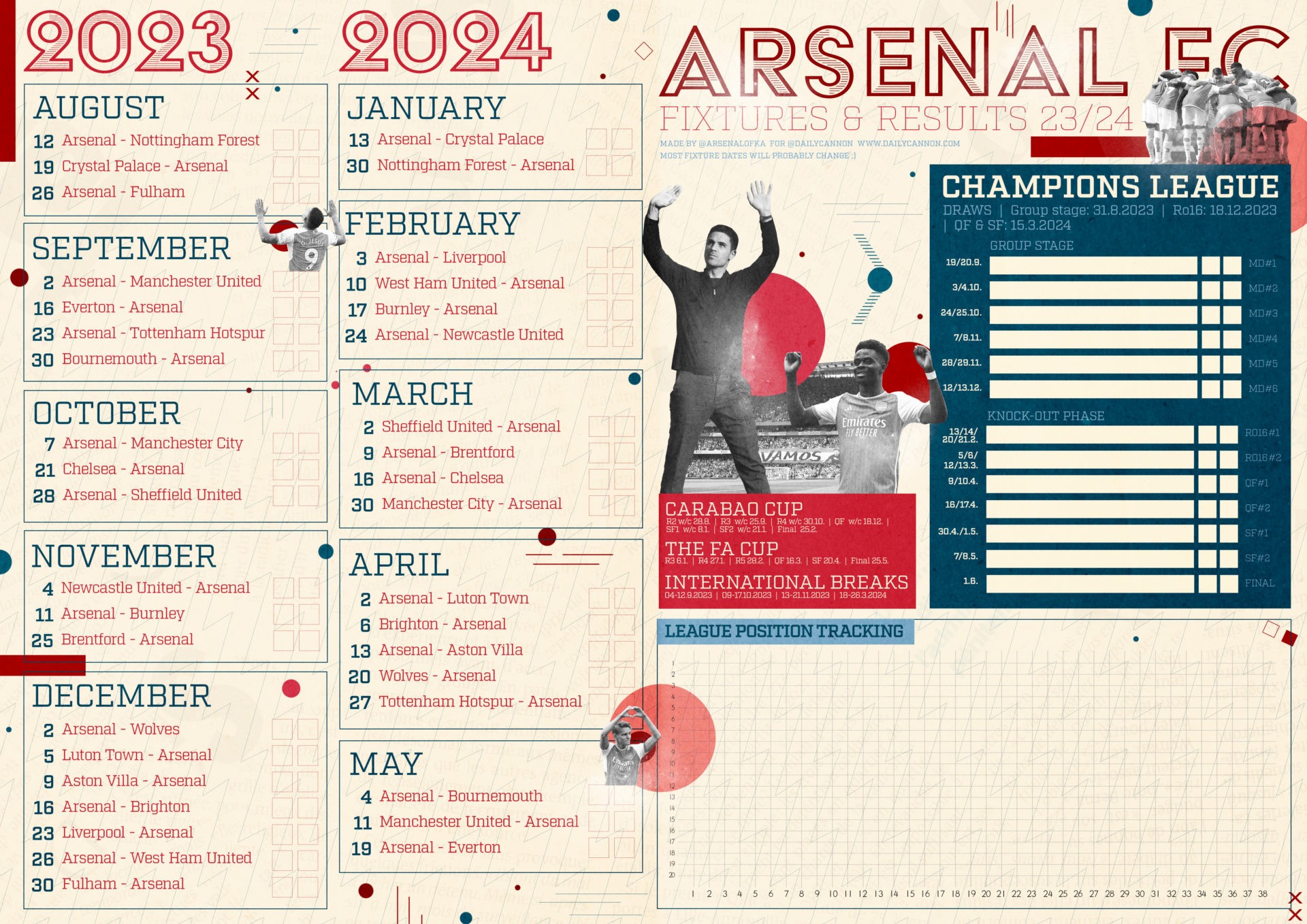 Download Arsenal fixtures wallchart for 23/24 season