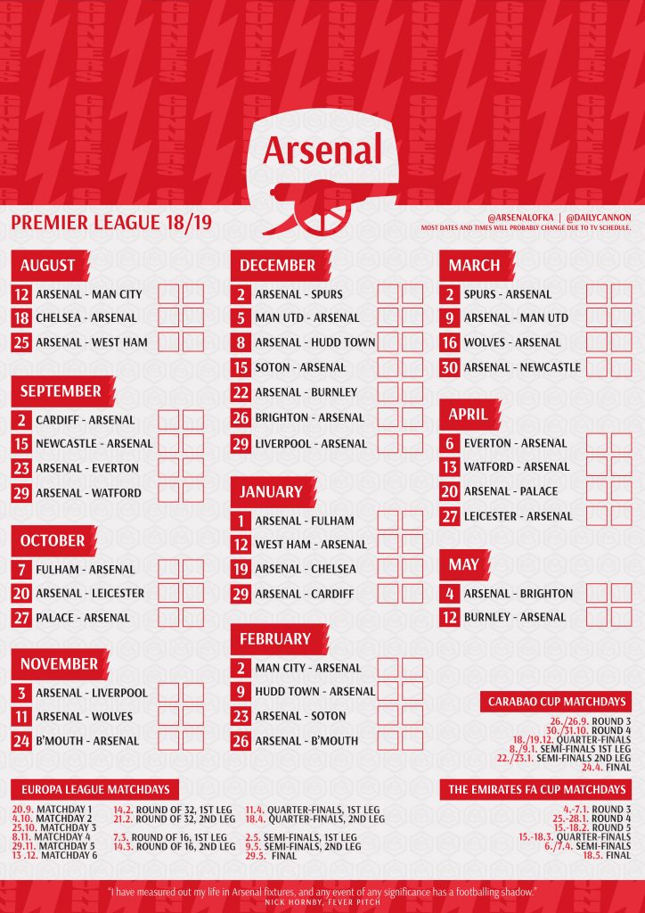 Free Printables: Arsenal's Premier League Fixtures inc Bruised Banana kit