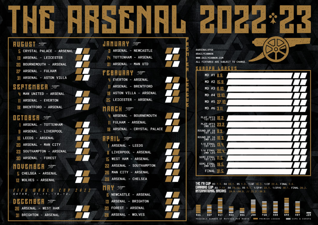 Free Arsenal 2022/23 fixtures printable wallcharts
